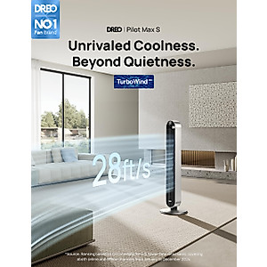 Dreo Pilot Max 120° Oscillating Tower Fan, 42 Inch Bladeless Fan for Bedroom, 25dB Quiet DC Motor, Standing Fan with Remote, 12 Hyper Wind Speeds, 4 Modes, 12H Timer Floor Fans for Home Living Room