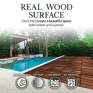 Acacia Wood Interlocking Deck Tiles for Outdoor/Indoor - (Pack of 10) 12"x12" All Weather Balcony Flooring - Snap Click Together Patio Tiles - Portable Waterproof Dance Floor Covering, Outside Walkway