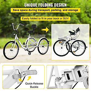Bkisy Tricycle Adult 24'' Wheels Adult Tricycle 1-Speed 3 Wheel Bikes White for Adults Three Wheel Bike for Adults Adult Trike Adult Folding Tricycle Foldable 3 Wheel Bike for Adults (White)
