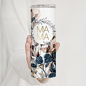 YouNique Designs Floral Mama Coffee Tumbler with Straw and Lid, 20 Oz, Insulated Stainless Steel Skinny Tumbler for Women, Flower Mom Tea Tumbler, Mom Life Water Tumbler Cup