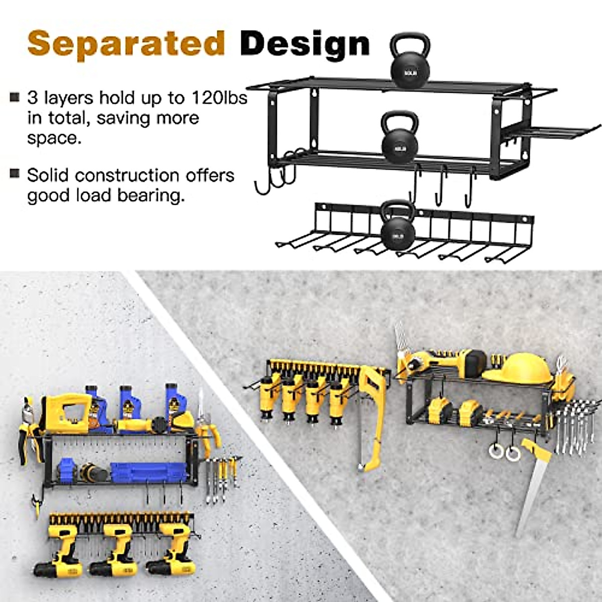Housolution Power Tool Organizer, 3 Layers 5 Drill Slots Garage Storage Rack, Heavy Duty Metal Drill Holder Wall Mount Floating Shelf, Tool Organizers and Storage for Warehouse| Father's Day Gift