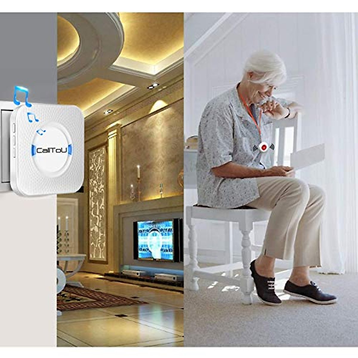 CallToU Wireless Caregiver Pager Smart Call System 4 SOS Call Buttons/Transmitters 2 Receivers Nurse Calling Alert Patient Help System for Home/Personal Attention Pager 500+Feet Plugin Receiver