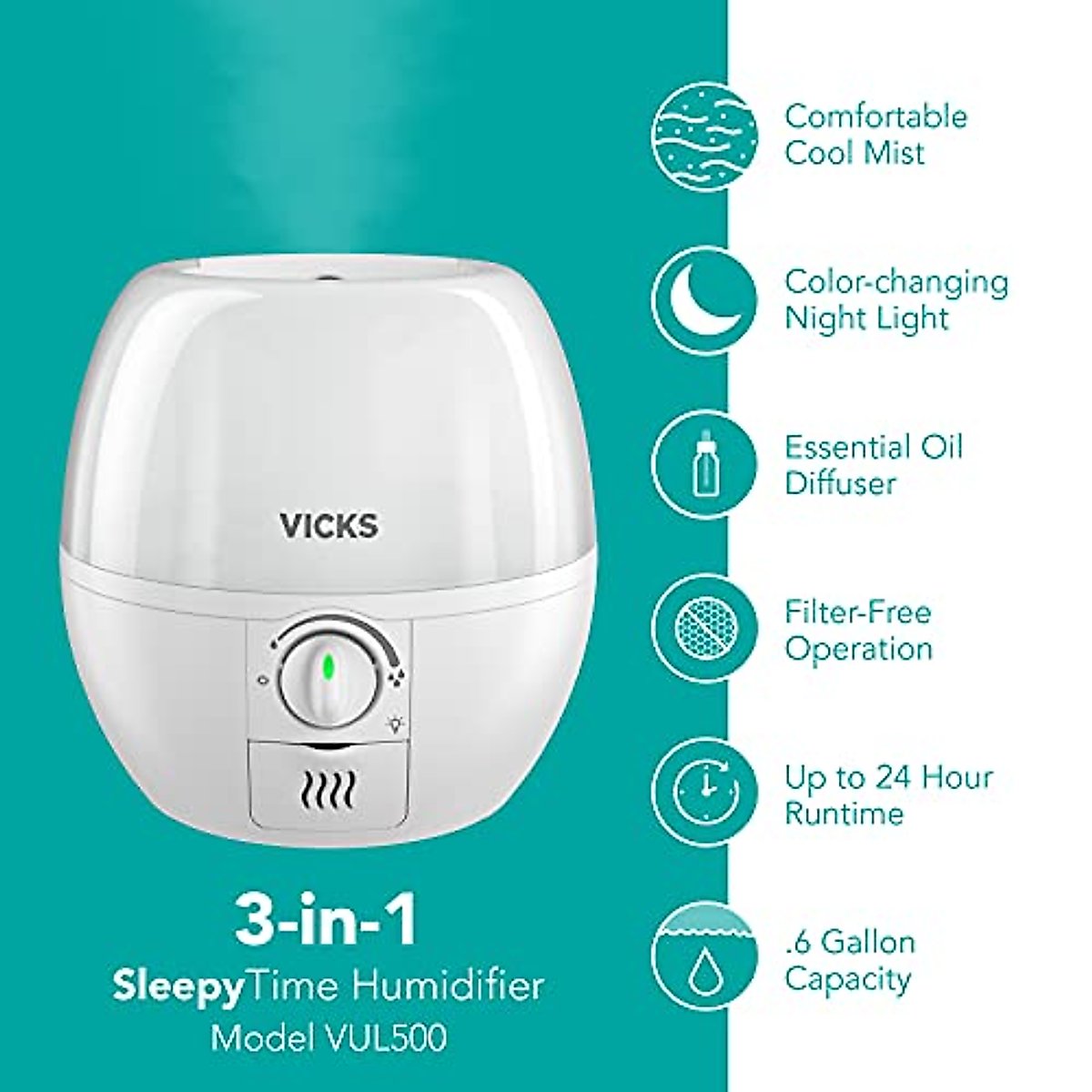 Vicks Filter-Free 3-in-1 SleepyTime Humidifier, Diffuser and Night-Light, Visible Ultrasonic Cool Mist Humidifier with Essential Oil Diffuser for Baby and Kids, White, Standard