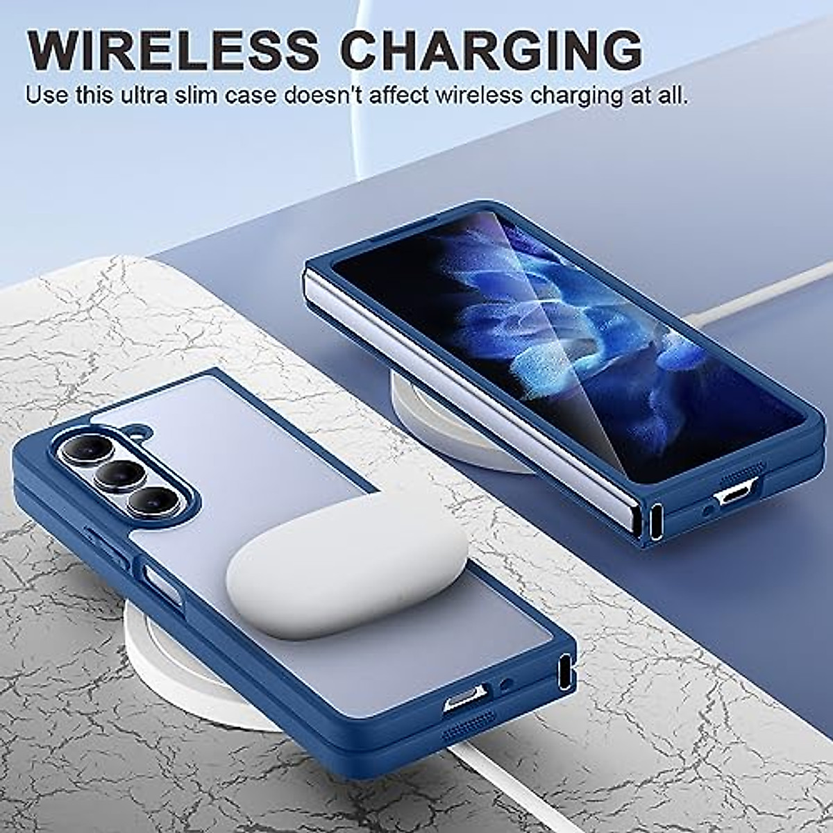 MALEWOLF Compatible with Samsung Galaxy Z Fold 5 Case [Camera Lens Protector] [Hinge Connector], Matte Translucent Slim Shockproof Silkly PC & TPU Phone Cover for Samsung Z Fold 5 Women Men (Blue)