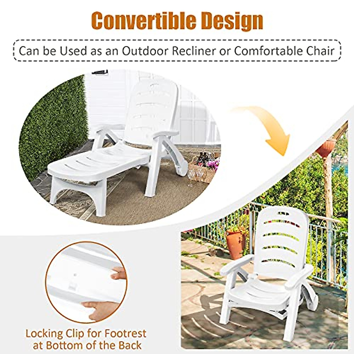 Tangkula Outdoor Chaise Lounge Chair, Adjustable 5-Posistion Recliner Chair with Built-in Wheels, Weather-Resistance Folding Lounge for Patio, Backyard, Poolside and Beach (1, White)