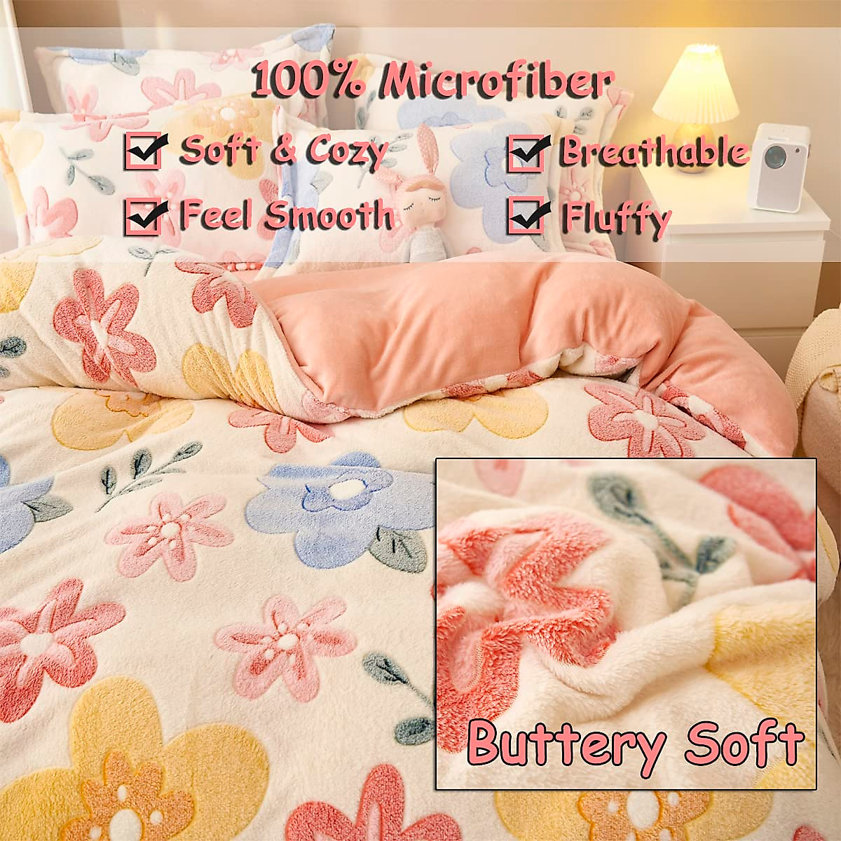 LMONMOO Pink Duvet Cover Twin, Fluffy Comforter Cover Set, Kawaii Bedding Sets for Girl Ultra Soft Cute Floral Bed Set for Kids (Flower, Twin)