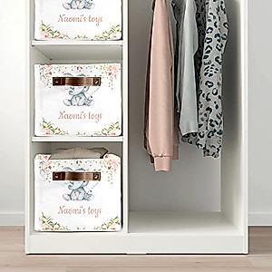 Joyestore Pink Flower Elephant Personalized Storage Bins ,Baskets Cubes Organizer with Handle for Shelves Closet Nursery Toy 1 Pack