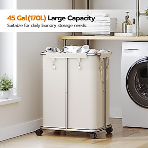 HOOBRO Laundry Basket with Wheels, 45 Gallons (170L) Rolling Laundry Hamper, Narrow Slim Laundry Sorter with Removable Oxford Fabric Bag, Laundry Room, Dorm Room, Bedroom, Beige and Silver SW05XY01