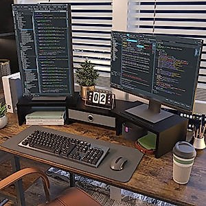 ORLALAR Dual Computer Monitor Stand with Drawer, Office Supplies Desktop Organizer Stand 3 Shelf Monitor Riser with Adjustable Length and Angle, Home Office Desk Accessories, Black