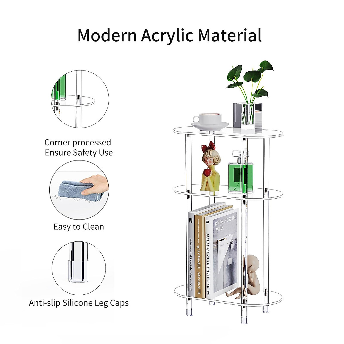 Bkemiy Clear Acrylic Narrow Side Table for Small Spaces, 15.75" L x 7.87" W x 24.6" H, 3 Tier Oval Slim End Table Nightstand, Small Minimalist Skinny Bedside Table for Bedroom, Bathroom, Living Room