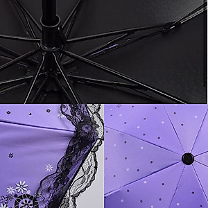 Folding Umbrella Travel Umbrella Folding UV Protection Lace Lace Sun Umbrella Ladies Girl Sunshade Lace Decorative Butterfly Lace Printed Sunshade Sun and Rain Dual-use Umbrella Tri-fold Wind Resistant Sunscreen Black Plastic Umbrella (lace purple)