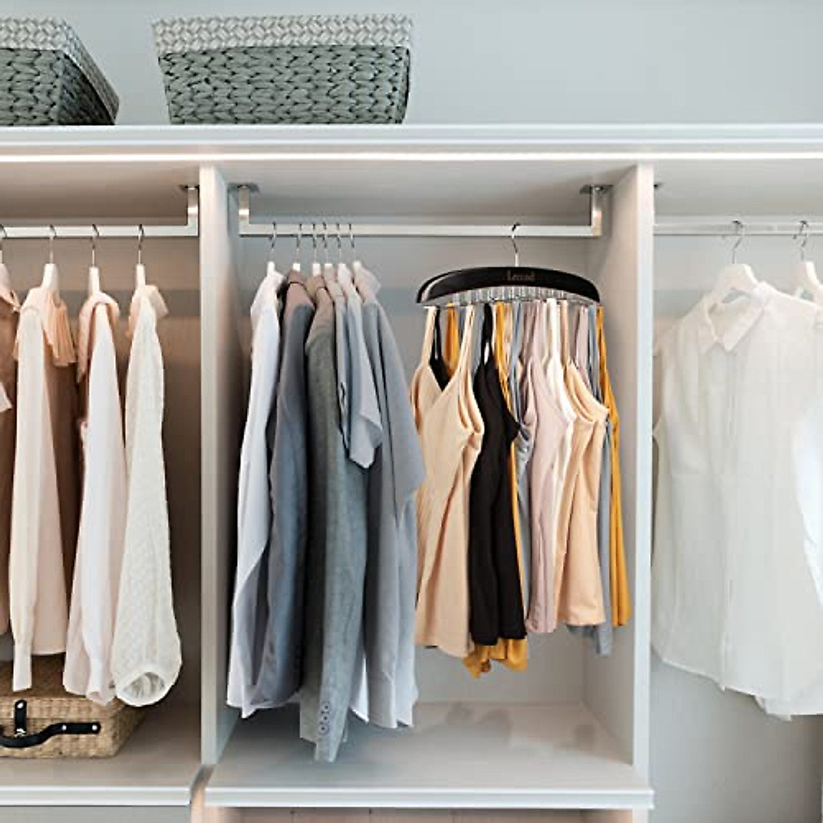 Leccod Upgrade Tank Top Hanger, Bra Hangers Space Saving Wooden 360° Rotating Non-Slip 24 Foldable Metal Hooks Closet Organizer for Camisoles, Bras, Belts, Scarfs(Black,1 Pack)