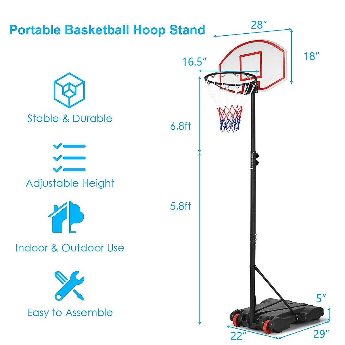 GYMAX Basketball Hoop, 7.1-8.1FT Adjustable Portable Basketball Goal w/Shatterproof Backboard, 2 Wheels & Nets, Indoor/Outdoor Basketball Hoop Stand System for Kids, Teens, Adult, Gym, Driveway
