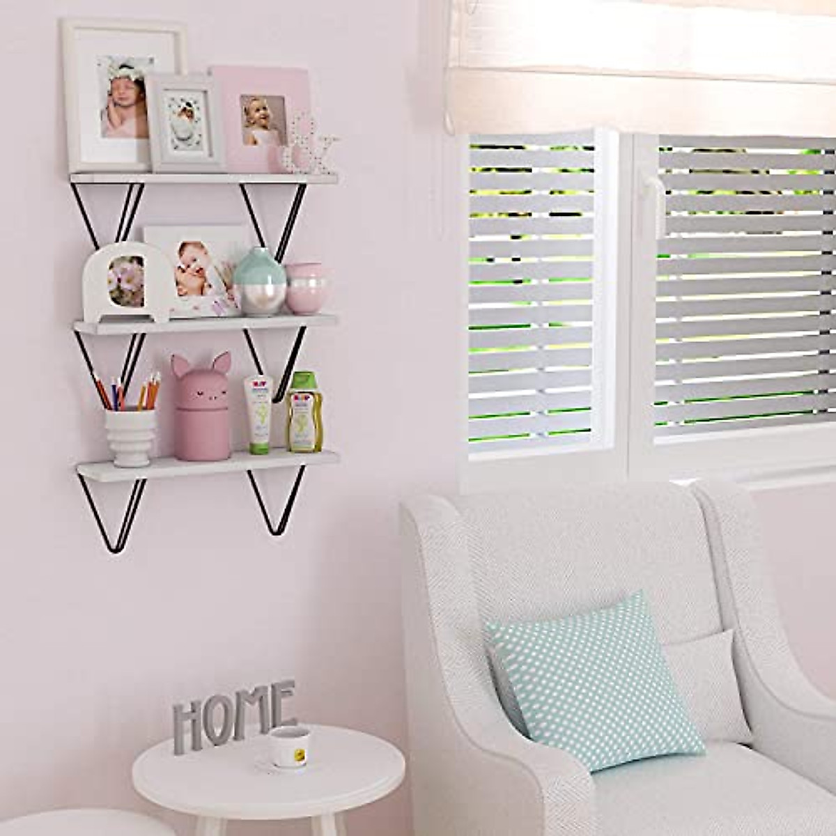 Wallniture Colmar White Floating Shelves for Wall, Makeup Storage Shelves for Bedroom, Wood Geometric Triangle Shelf Set of 3