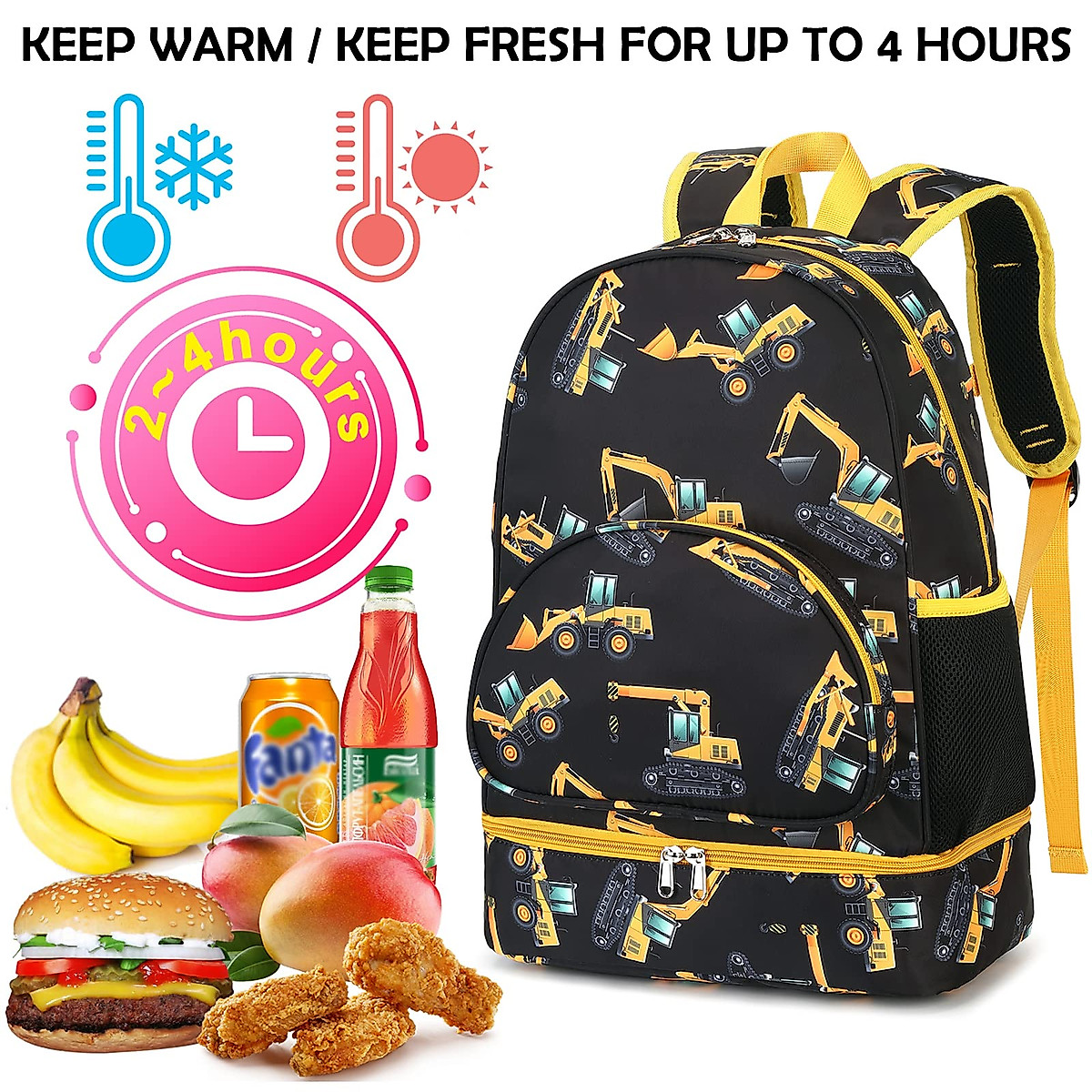 LEDAOU Kids School Backpack with Lunch Cooler Compartment 2 in 1 Boys Girls Bookbag and Insulated Lunch Bag for Preschool Kindergarten Elementary (Construction Vehicle)