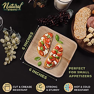 Natural Events 6" Premium Palm Leaf Plates - Disposable Party Set for Charcuterie Appetizers & Desserts, Heavy Duty Bamboo Wood, 100% Compostable, Biodegradable & Eco-Friendly (6 Inch Square, 50 Pack)