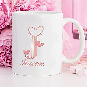 BESTORLOVE Valentine's Day Love Monogram Letter J Tea Mug Pink Dots Love Heart Mug 11oz Love Heart Initials Letter Porcelain Coffee Cup Happy Valentine's Day Cup Wedding Engagement Gift for Couple