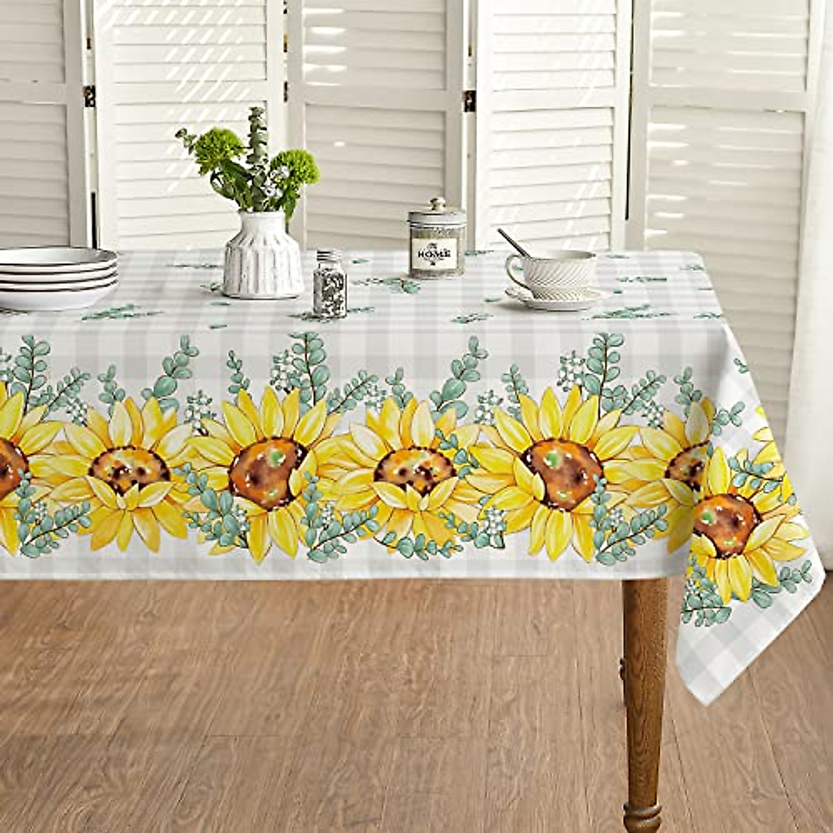 Horaldaily Spring Summer Tablecloth 60x60 Inch, Buffalo Plaid Sunflower Eucalyptus Floral Table Cover for Party Picnic Dinner Decor