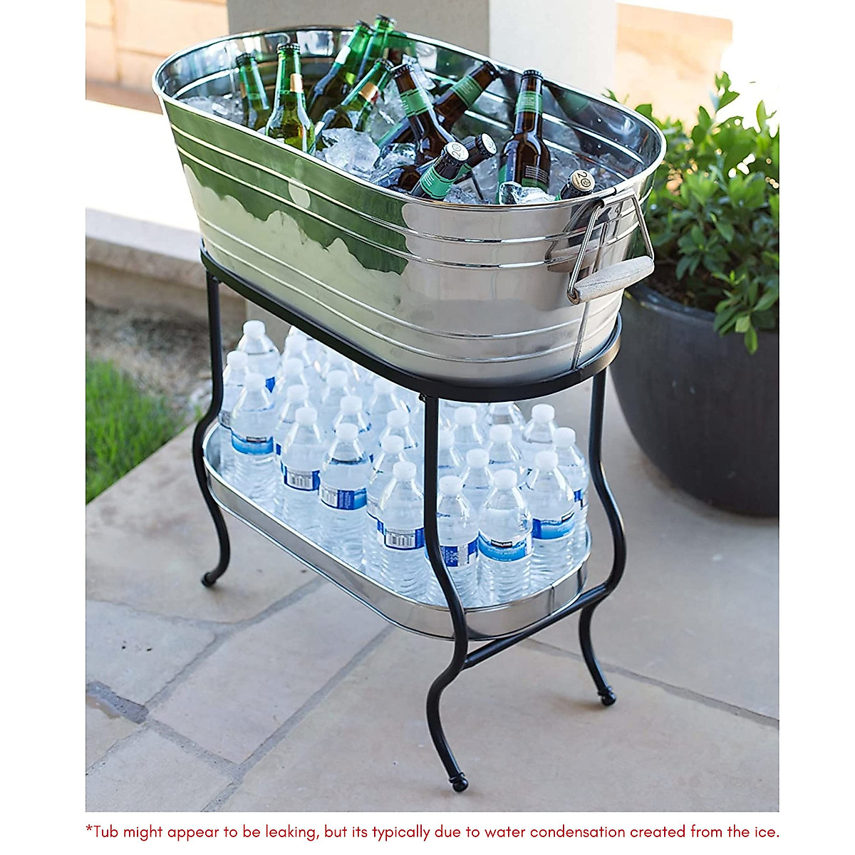 BIRDROCK HOME Stainless Steel Beverage Tub with Stand - Bottom Tray - Ice Bucket - Party Drink Holder - Wooden Handles - Outdoor or Indoor Use - Free Standing