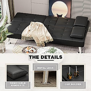 JUMMICO Faux Leather Upholstered Modern Convertible Folding Futon Sofa Bed with Removable Armrests, Adjustable Recliner Couch Bed Loveseat with 2 Cup Holders for Living Room