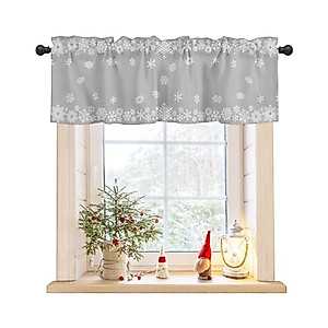 Jacekidy Christmas Snowflakes Valances for Window, Short Kitchen Curtains Valances Rod Pocket Window Valance Curtains for Living Room Bathroom Bedroom Cafe Seasonal Winter Xmas Grey Backdrop 54"x18"