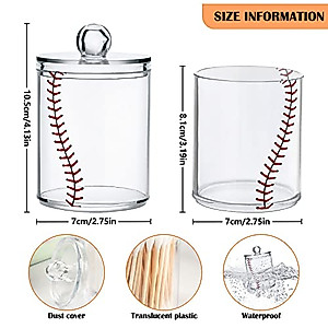 Gredecor 4 Pack Apothecary Jars Baseball Softball Red Lace Qtip Holder Organizer Clear Airtight Canister for Cotton Swabs Storage Acrylic Plastic Jar with Lids