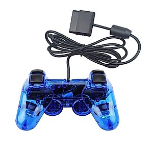 JINHOABF 2 Pack PS2 Wired Controller,Double Shock Gamepad Compatible with Playstation 2 Console (Clear Red and Clear Blue)