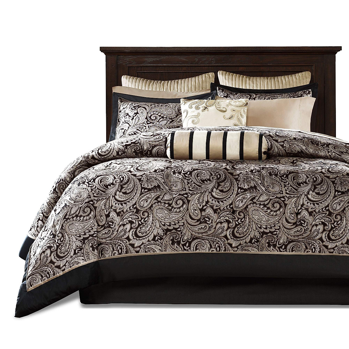 Madison Park Aubrey Cozy Comforter Set, Faux Silk Jacquard Paisley Design - All Season Down Alternative Bedding with Cotton Bed Sheets, Bed Skirt & Toss Pillows, King Black 12 Piece