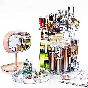 DreamGenius 360 Rotating Makeup Organizer, DIY Adjustable Makeup Carousel Spinning Holder Storage Rack, Large Capacity Make up Caddy Shelf Cosmetics Organizer Box, Best for Countertop, Square