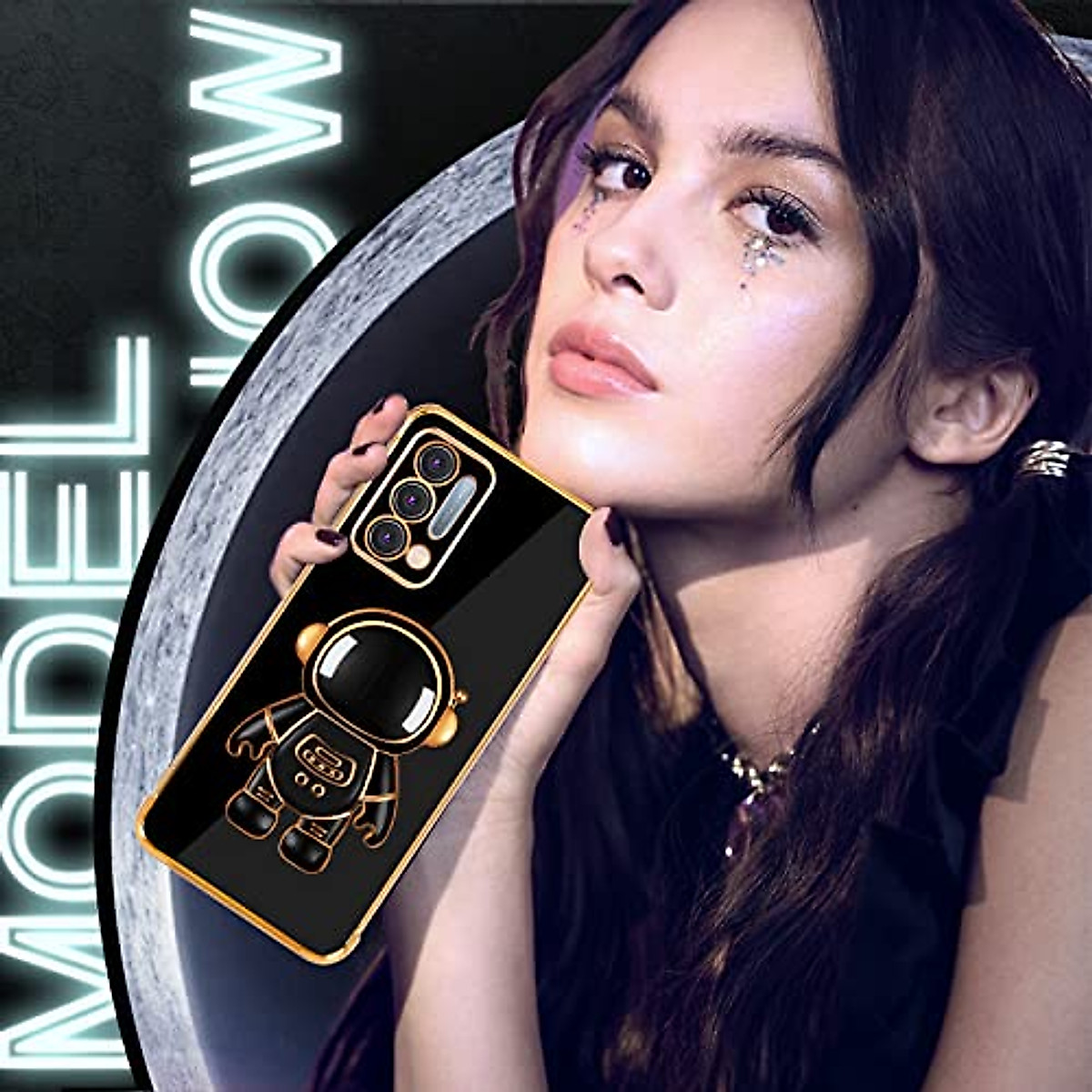 Buleens for OnePlus Nord N200 5G Case with Astronaut Stand, Girls Women Nord N200 5G Cases, Cute Girly 6D Outer Space Heart Pattern Phone Cover for OnePlus Nord N200 5G 6.49 Inch Black