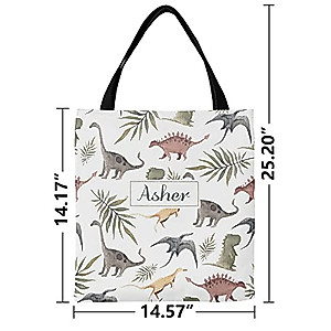 Yeshop Cheerful Dinosaur Personalized Canvas Tote Bags, Reusable Bags for Shopping,Travel,School Handbag Gift,14.17inch x 14.57inch