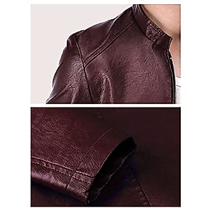 Maiyifu-GJ Men Casual Faux Leather Biker Jacket Stylish Stand Collar Bomber Jackets PU Leather Lightweight Motorcycle Coats (Red Wine,Large)