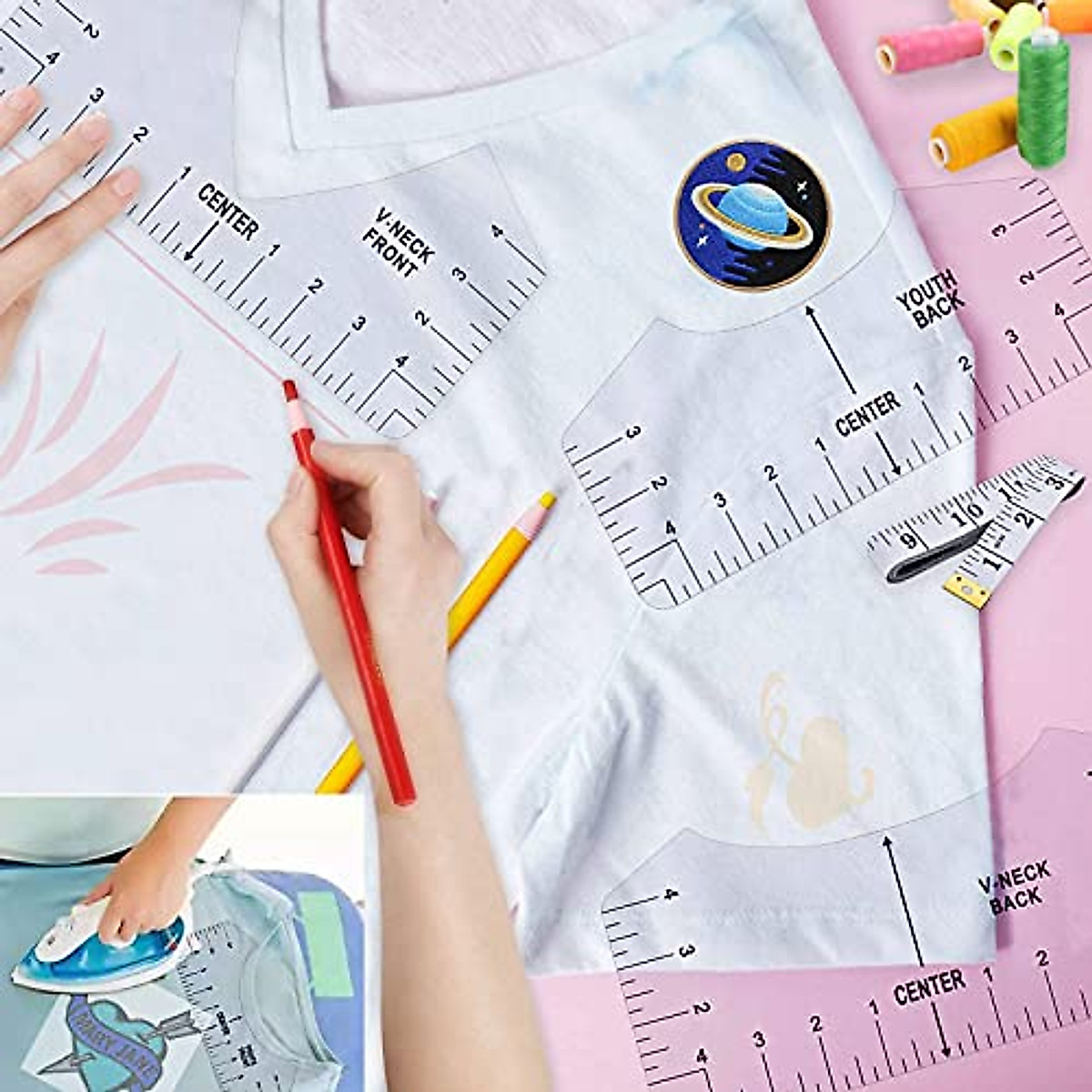 BIHRTC 8PCS T-Shirt Alignment Ruler Guide Tool to Center Designs PVC T Shirt Ruler Tshirt Ruler for Vinyl Placement Sublimation Heat Press 3pcs Sewing Fabric Pencil 1PC 60Inch Measure Tape