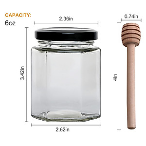 Woaiwo-q 6 oz Hexagon Glass Honey Jars, Glass Jars with Black Lids,Bronzy Bee Pendants,Wooden Honey Sticks,Small Tags,1.5m Jute Twine -Clear Hexagon Jars for Honey,Jams, Liquid.(25 Pcs)…