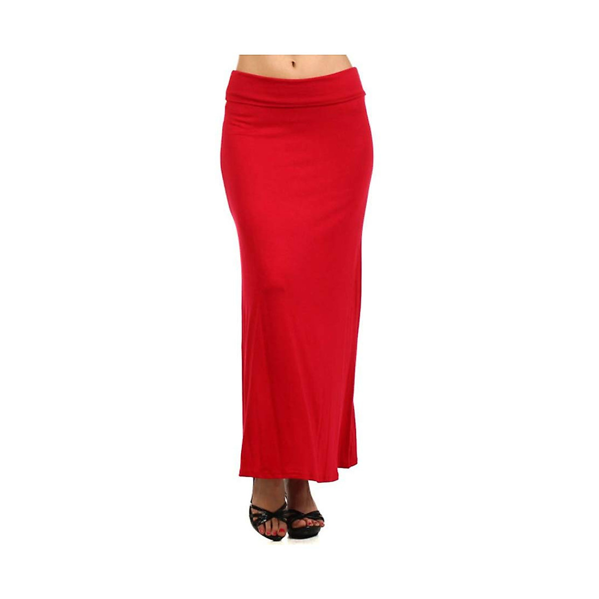 ShezPretty Women's Premium Fold Over High Waist Long Floor Length Maxi Skirt (Large, USA-RED)