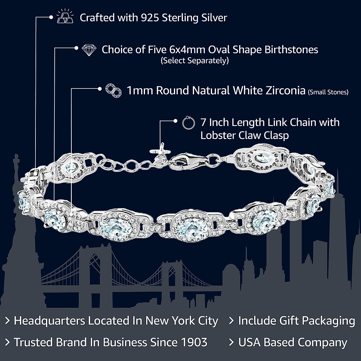 Gem Stone King Sky Blue Aquamarine 925 Sterling Silver Tennis Bracelet For Women (9.10 Cttw, March Gemstone Birthstone, Oval 6X4MM, 7 Inch With 1 Inch Extender)