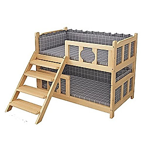 HYDT Luxury Double-Layer Dog Bed Pet Sofa with Bedding&Guardrail,Solid Wood Bedside Pet Cot with Grey Cushion Set,Four Seasons Universal (Size : 120x60x90cm/47.2x23.6x35.4in)