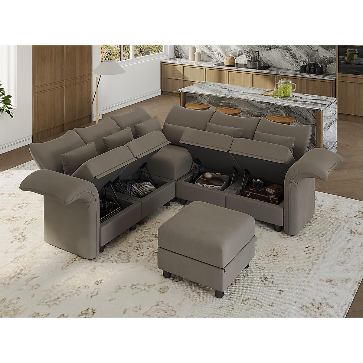 LLappuil Velvet Modular Sectional Sofa L Shaped Corner Couch with Storage Chaise, 102.2" 6-Seater Oversized Sofa with Ottoman, High Back Recliner Sleeper Couches, Anti-Scratch Brown