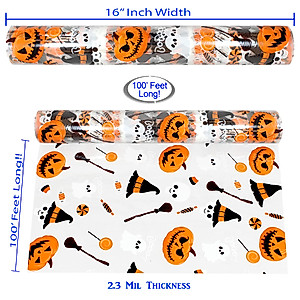 AnapoliZ Halloween Cellophane Wrap Roll | 100’ Ft Long X 16” in. Wide | 2.3 Mil Thick, Crystal Clear with Halloween Designs| Gifts, Baskets, Treats Cello Wrapping Paper | Pumpkin, Witches Cello Roll