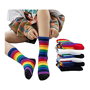 5 Pack Kids Toddler Big Little Girls Cotton Crew Socks Rainbow Stripes Cute Fun Socks