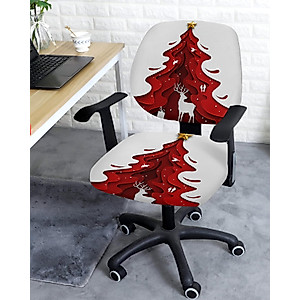 Xmas Tree Office Chair Cover Stretchable Computer Chair Seat Cover Backrest Slipcovers, Stretchable Rotating Desk Chair Seat Cushion Split Protectors Christmas Contemporary Red Deer Star Bird