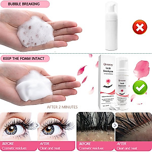 150ml/5.07fl.oz Eyelash Extension Cleanser, Lash Shampoo for Eyelash Extension Eyelash Brush with Cap USB Lash Fan Mascara Brush Wash Bottle Reusable Makeup Remover Pad, Paraben & Sulfate Free