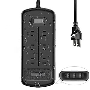 Outdoor Power Strip Weatherproof, Waterproof Surge Protector with 6 Outlets 3 USB Ports 9.6FT Long Extension Cord Overload Protection, Wall Mountable Outlets Strip for Deck Yard Garden Lights, Black