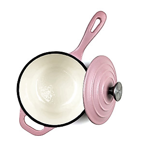 HAWOK Enameled Cast Iron Saucepan, 2QT Saucepan with Lid and Long Handle, Pink