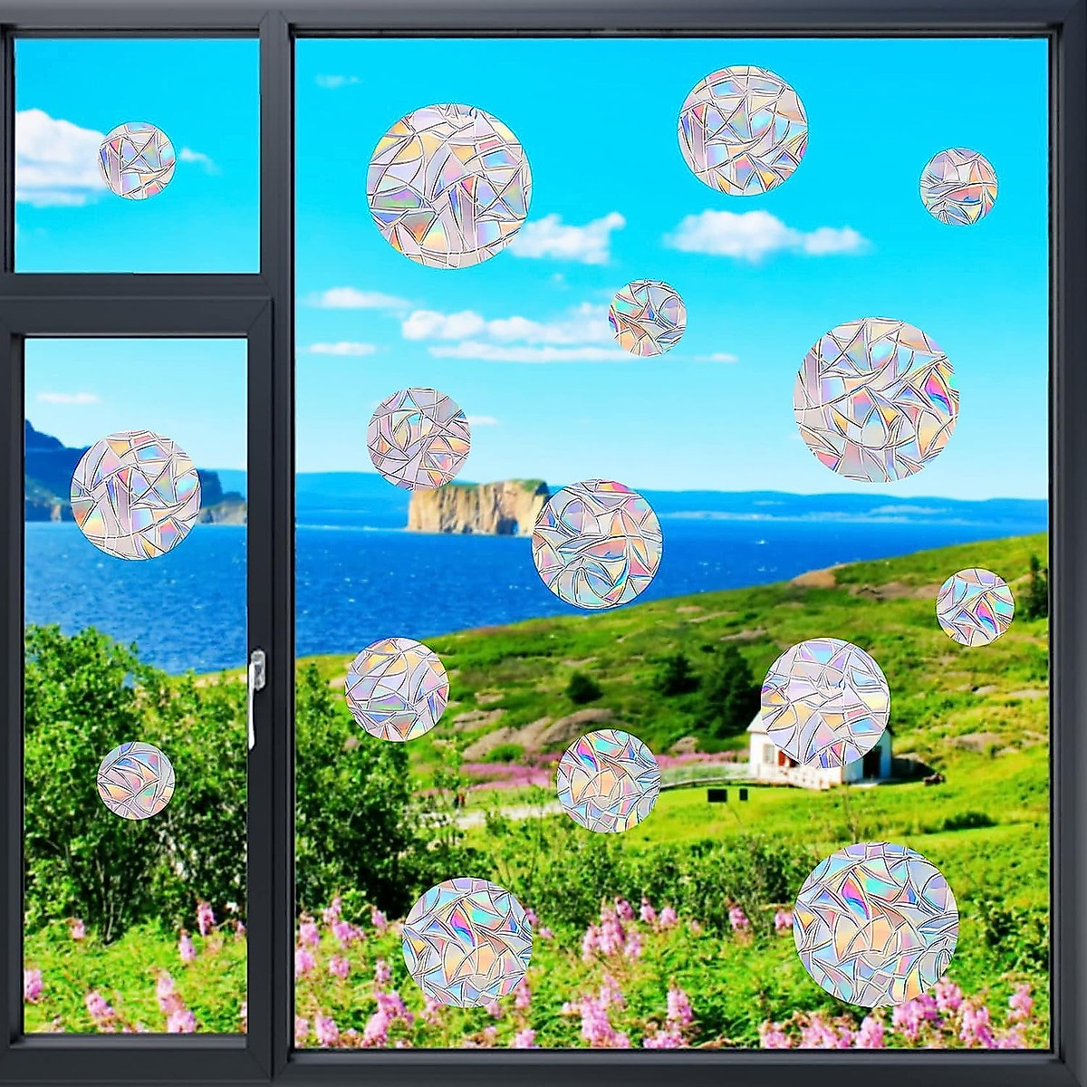 Shawula 36PCS Circle Window Clings - Anti-Collision Window Decals to Save Birds from Window Collisions,Non Adhesive Prismatic Vinyl Window Clings, Rainbow Stickers