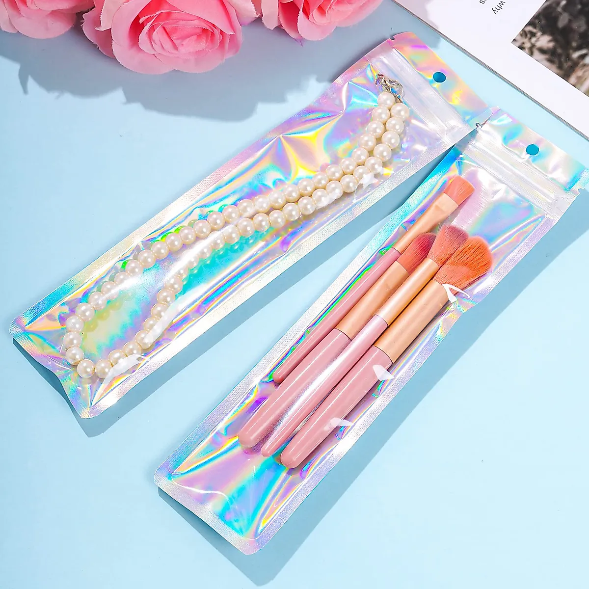 100 Pcs Pen Packaging Bags for Small Business, Resealable Foil Pouch Bag For Pens, Holographic Ziplock Smell Proof Storage Bags for Packaging Lipgloss,Jewelry,Cosmetic,Candy, 2.4x9 inch