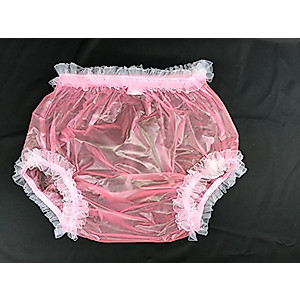 Haian Adult Incontinence Pull-on Plastic Pants Lace Panties with White Lace (Large, Transparent Pink)
