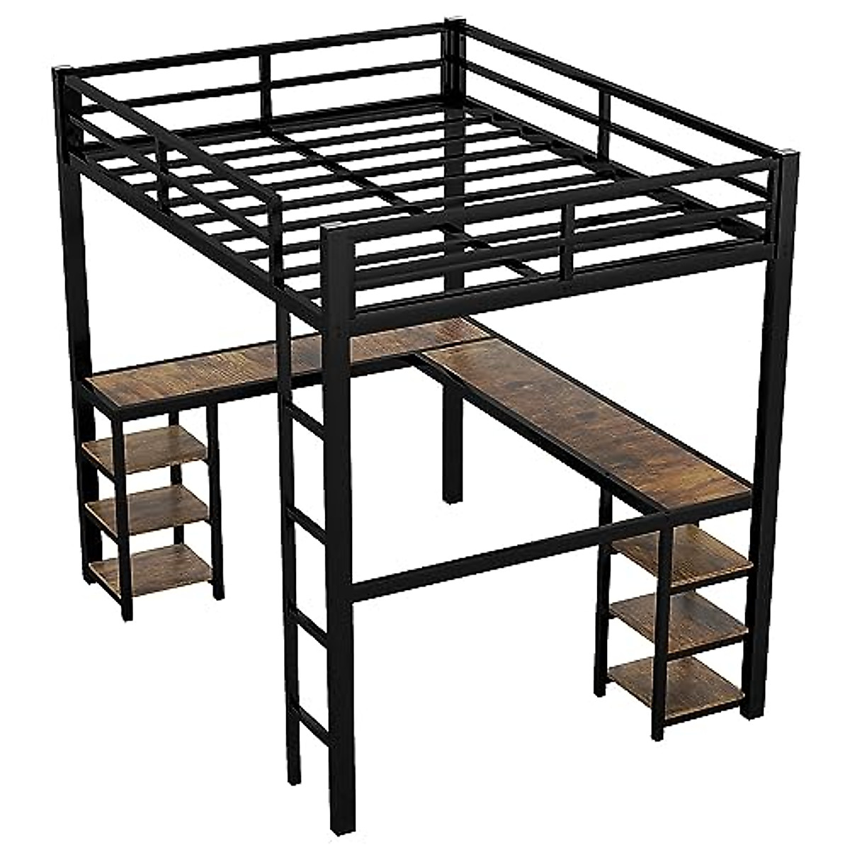 BOVZA Full Metal Loft Bed with Desk and Shelves, Multifunctional Loft Bed with Ladder and Safety Guardrails, Bed Frame for Bedroom, Space Saving, Black