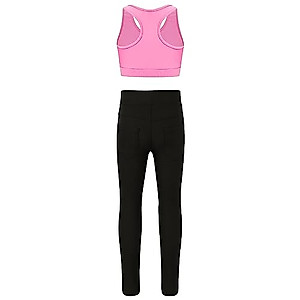 Yeahdor Kids Girls' 2 Piece Athletic sleeveless Dance Crop Tops with Legging Set Gym Workout Fitness Active Outfit Printed Pink 8 Years