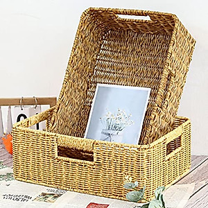 OUNONA Wicker Baskets for Shelves Toilet Paper Basket Rectangular Rattan Baskets with Built-in Handles Hand-woven Water Hyacinth Storage Baskets - Khaki